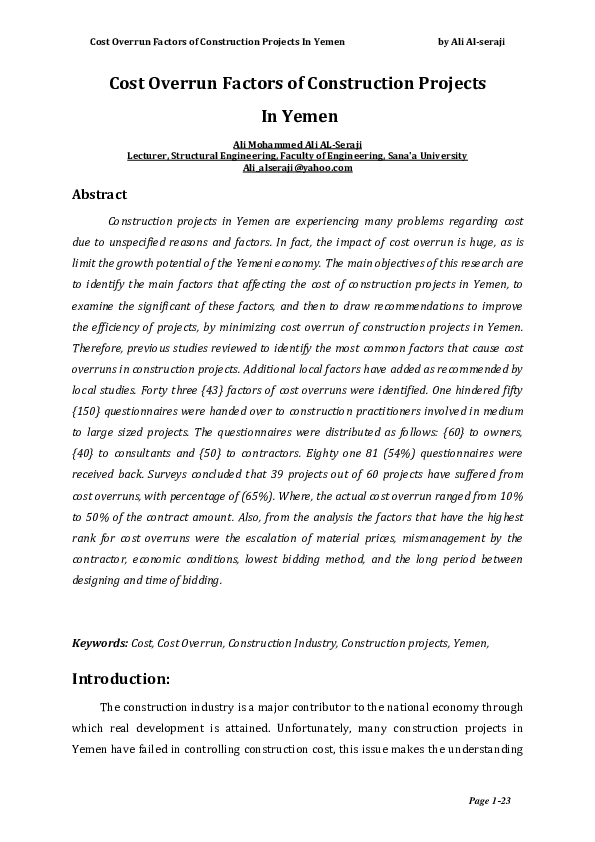 Pdf Cost Overrun Factors Of Construction Projects In Yemen