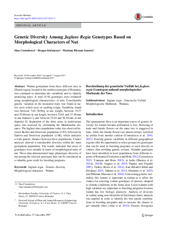 (PDF) Genetic Diversity Among Juglans Regia Genotypes Based on Morphological Characters of Nut ...