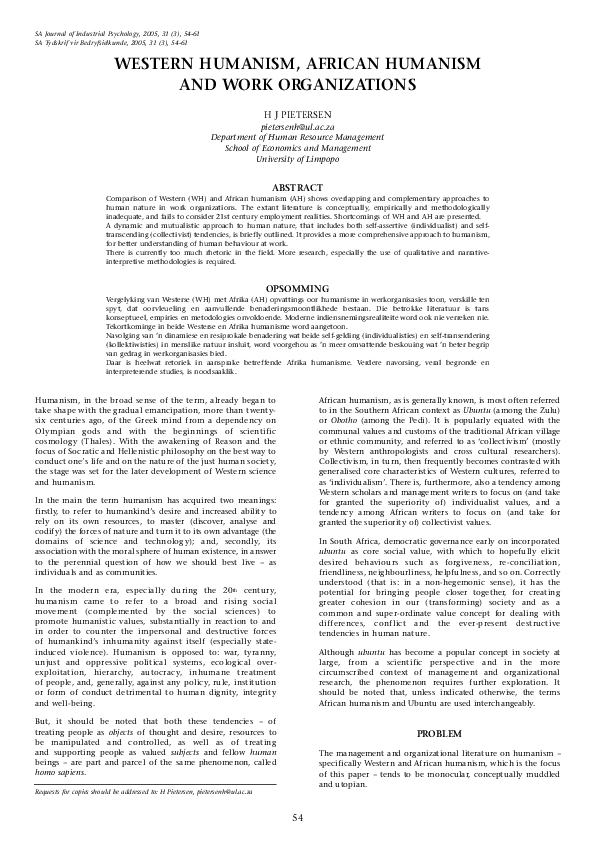 (PDF) Western humanism, African humanism and work organisations