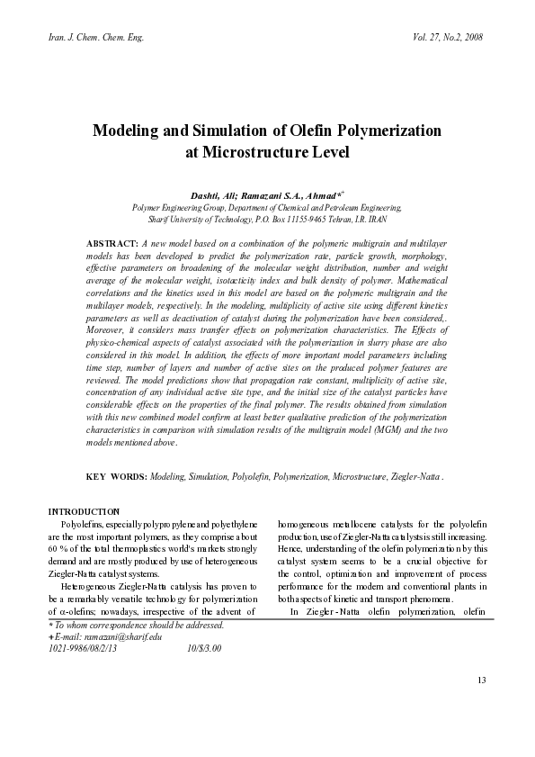 (PDF) Modeling and Simulation of Olefin Polymerization at Microstructure level