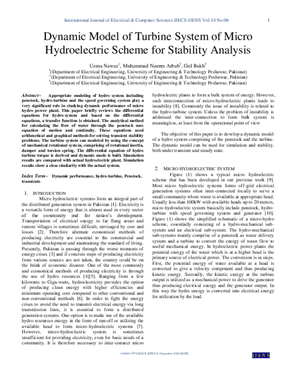 (PDF) Dynamic Model of Turbine System of Micro Hydroelectric Scheme for Stability Analysis | Gul ...