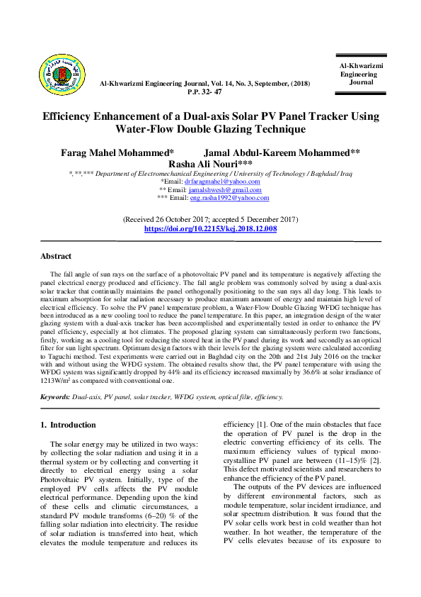 (PDF) Efficiency Enhancement of a Dual-axis Solar PV Panel Tracker Using Water-Flow Double ...