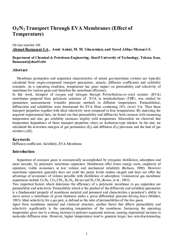 (PDF) O 2 /N 2 Transport through EVA Membranes (Effect of Temperature)