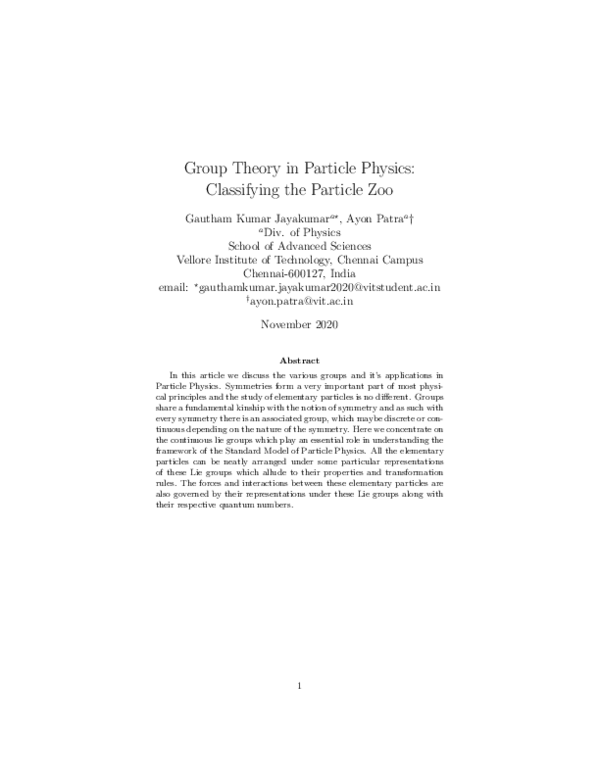 (PDF) Group Theory in Particle Physics: Classifying the Particle Zoo
