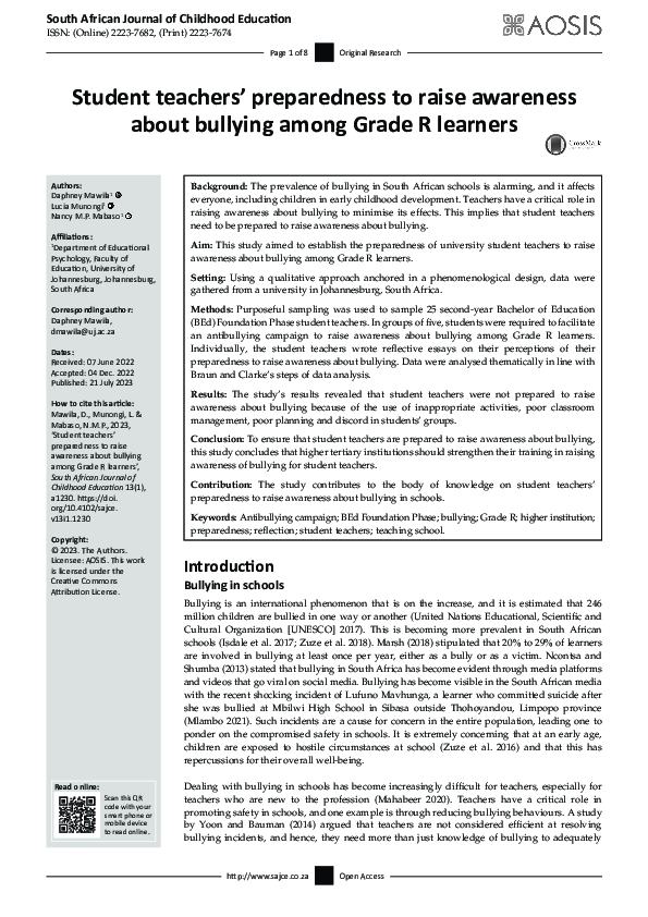 (PDF) Preparedness of Student Teachers to Address Bullying in Grade R
