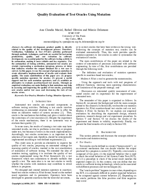 (PDF) Quality evaluation of test oracles using mutation