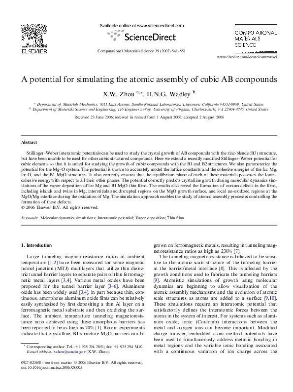 (PDF) A potential for simulating the atomic assembly of cubic elements