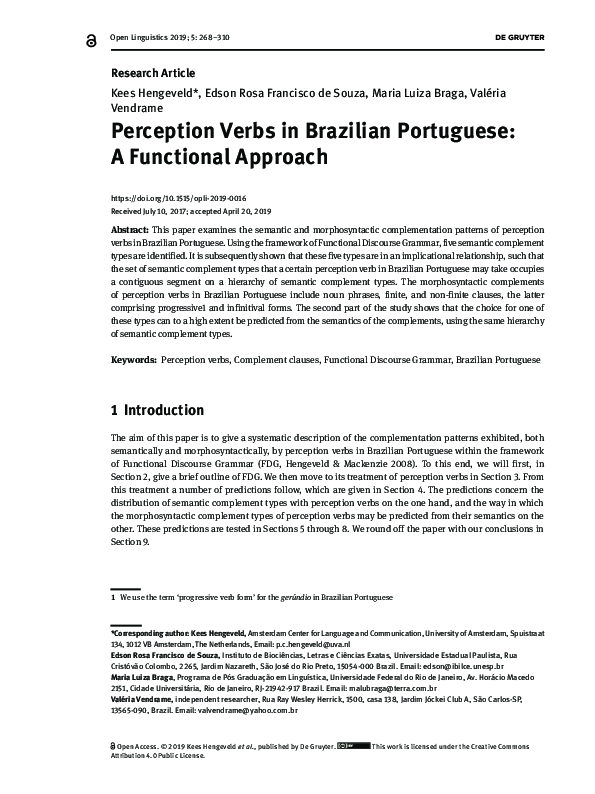 (PDF) Perception Verbs in Brazilian Portuguese: A Functional Approach