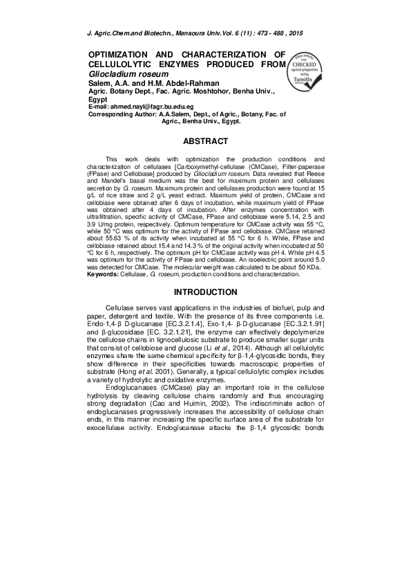(PDF) OPTIMIZATION AND CHARACTERIZATION OF CELLULOLYTIC ENZYMES PRODUCED FROM Gliocladium roseum