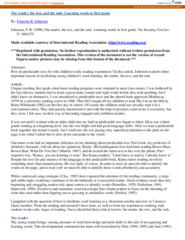 (PDF) The Reader, the Text, and the Task: Learning Words in First Grade