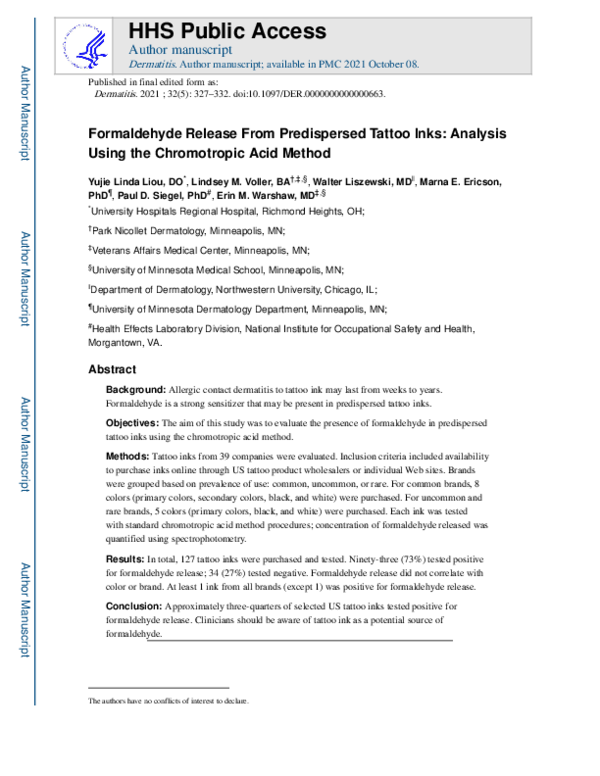 (PDF) Formaldehyde Release From Predispersed Tattoo Inks: Analysis ...
