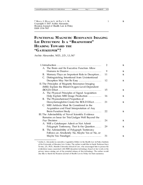 (PDF) Functional Magnetic Resonance Imaging Lie Detection: Is a Brainstorm Heading toward the ...