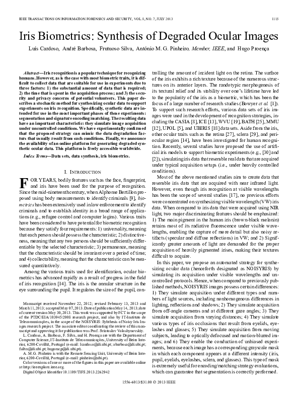 (PDF) Iris Biometrics: Synthesis of Degraded Ocular Images