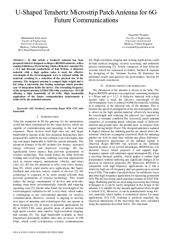 (PDF) U-Shaped Terahertz Microstrip Patch Antenna for 6G Future Communications