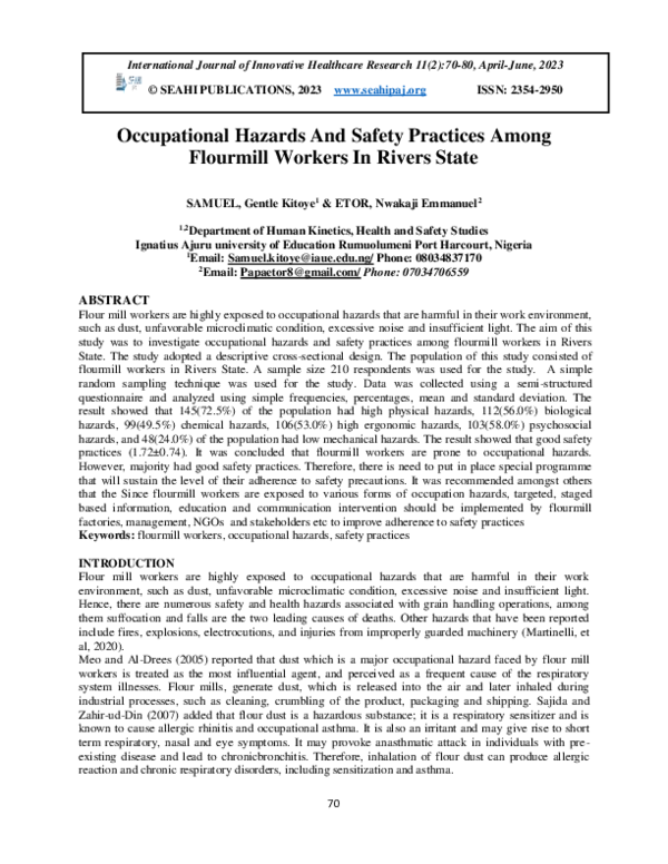 (PDF) Occupational Hazards And Safety Practices Among Flourmill Workers In Rivers State