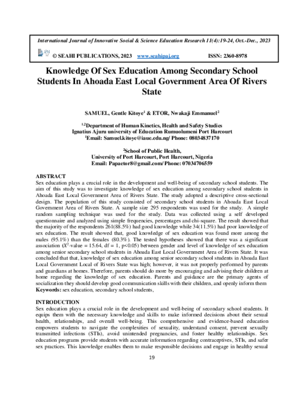 (PDF) Knowledge Of Sex Education Among Secondary School Students In ...