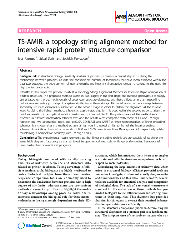 (PDF) TS-AMIR: a topology string alignment method for intensive rapid protein structure comparison