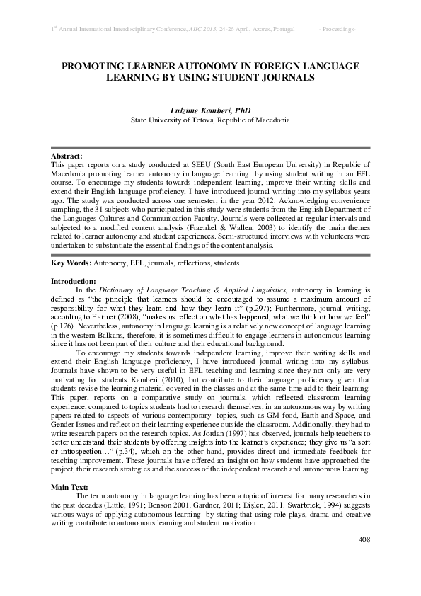 (PDF) Promoting Learner Autonomy in Foreign Language Learning by Using Student Journals