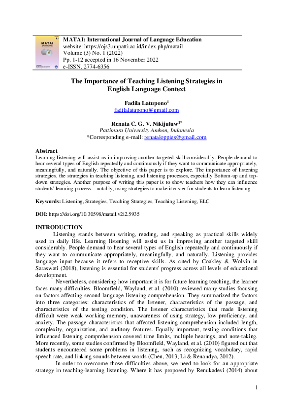 (PDF) The Importance of Teaching Listening Strategies in English Language Context