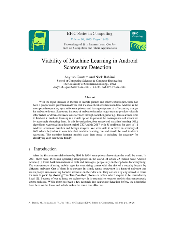 (PDF) Viability of Machine Learning in Android Scareware Detection