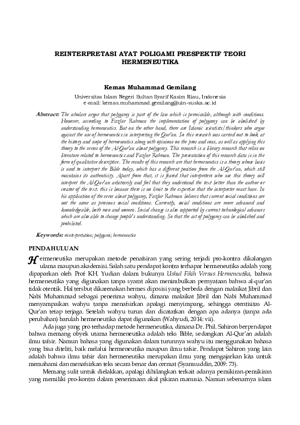 (PDF) Reinterpretasi Ayat Poligami Prespektif Teori Hermeneutika