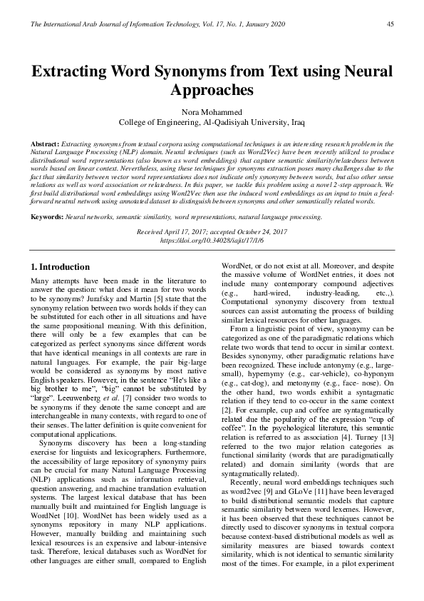 (PDF) Extracting Word Synonyms from Text using Neural Approaches