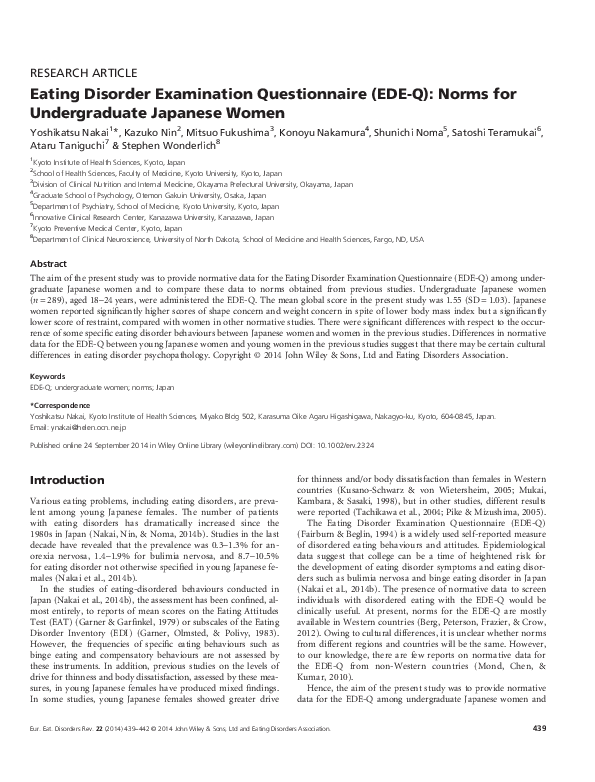 (PDF) Eating Disorder Examination Questionnaire (EDE-Q): Norms for ...