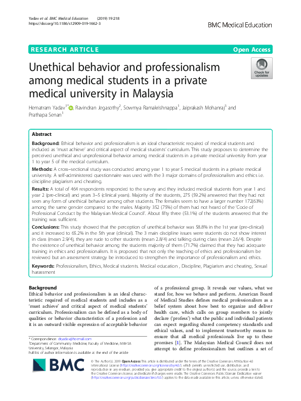 (PDF) Unethical Behavior and Professionalism in Malaysian Medical Students
