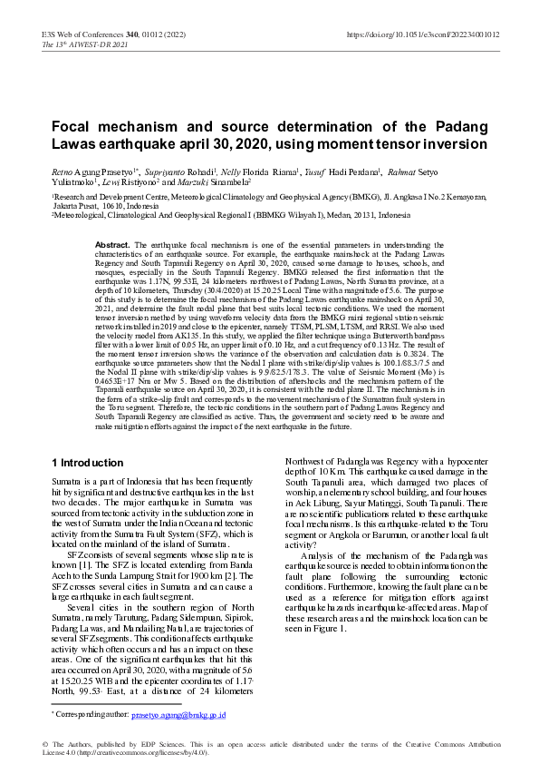 (PDF) Focal mechanism and source determination of the Padang Lawas ...