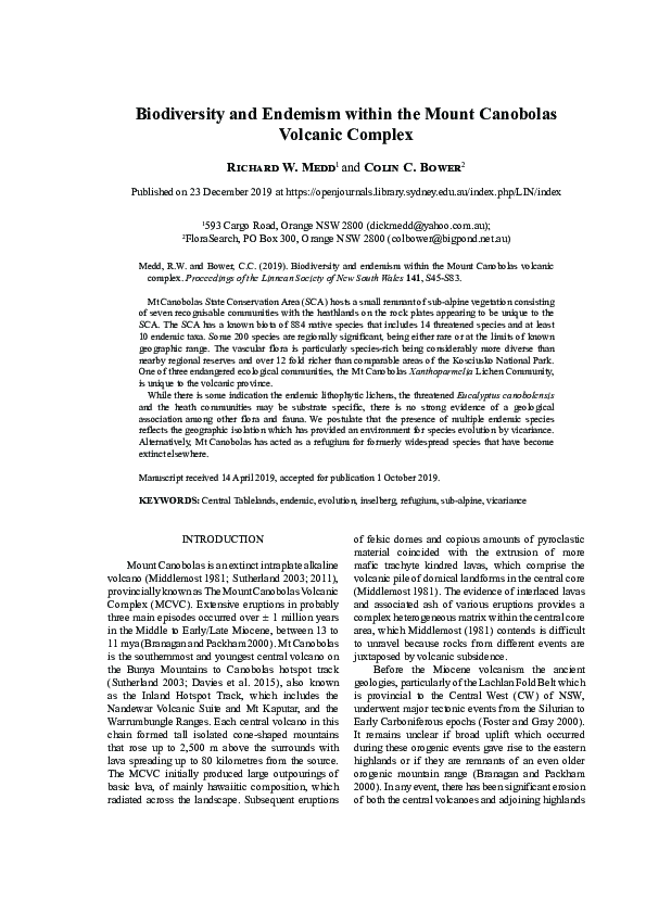 (PDF) Biodiversity and Endemism within the Mount Canobolas Volcanic Complex
