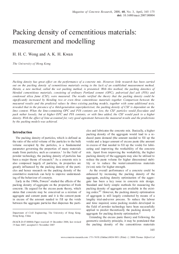 (PDF) Packing density of cementitious materials: measurement and modelling