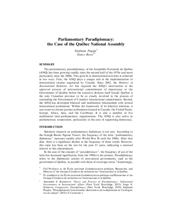 (PDF) Parliamentary Paradiplomacy: the Case of the Québec National Assembly