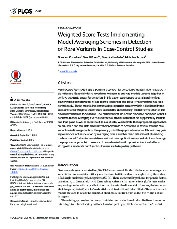 Pdf Weighted Score Tests Implementing Model Averaging Schemes In Detection Of Rare Variants In