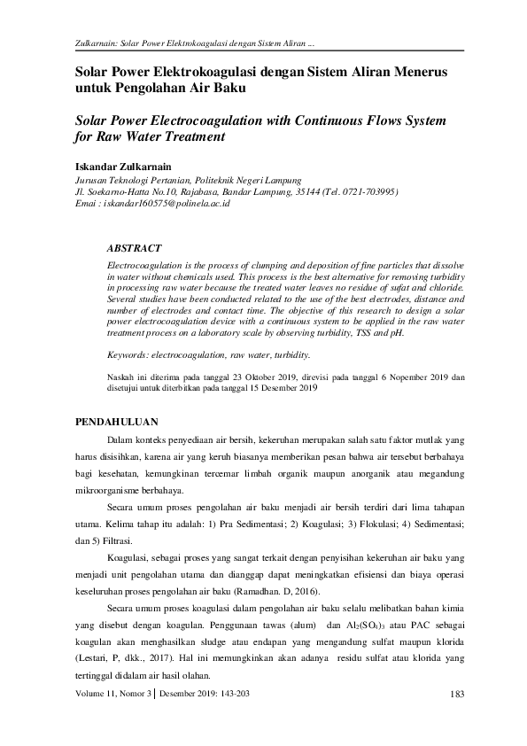 (PDF) Solar Power Elektrokoagulasi dengan Sistem Aliran Menerus untuk ...