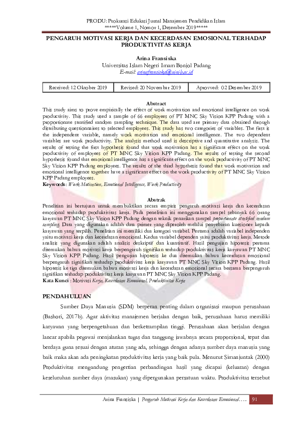 (PDF) Pengaruh Motivasi Kerja Dan Kecerdasan Emosional Terhadap Produktivitas Kerja