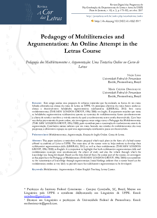 (PDF) Pedagogy of Multiliteracies and Argumentation: An Online Attempt in the Letras Course