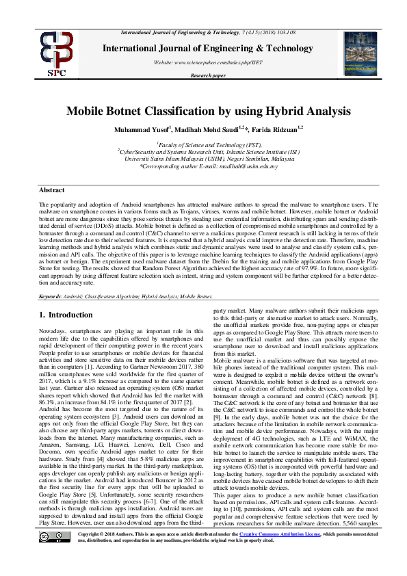 Pdf Mobile Botnet Classification By Using Hybrid Analysis 4628