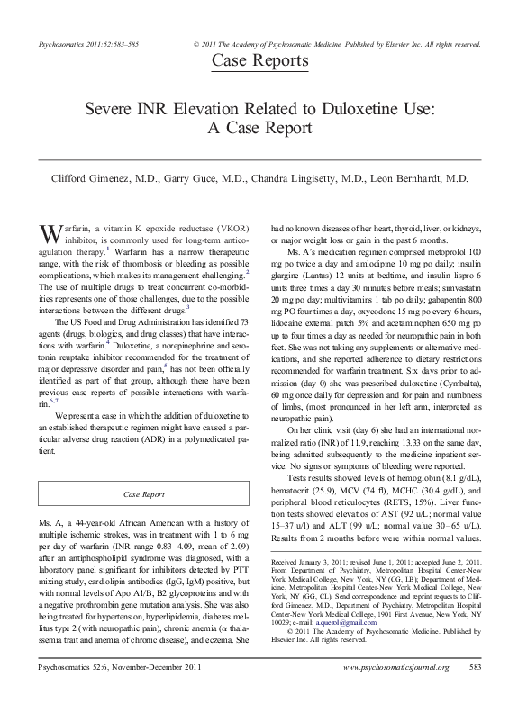 (PDF) Severe INR Elevation Related to Duloxetine Use: A Case Report