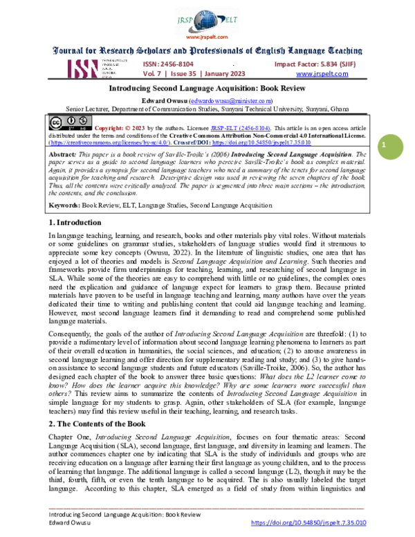 (PDF) Introducing Second Language Acquisition: Book Review