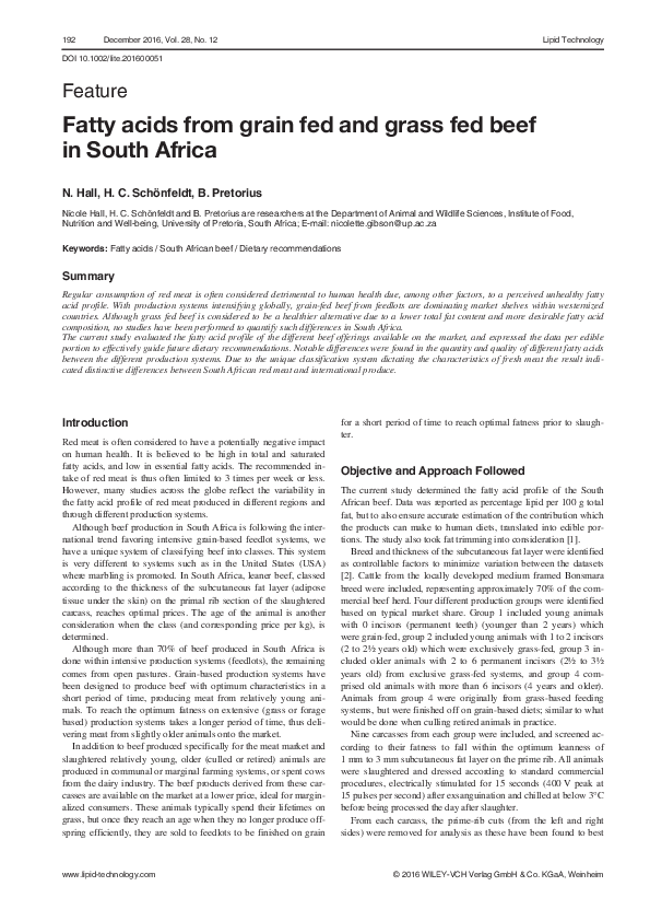(PDF) Fatty acids from grain fed and grass fed beef in South Africa