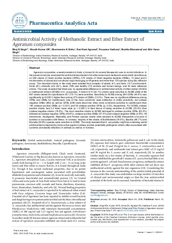 (PDF) Antimicrobial Activity of Methanolic Extract and Ether Extract of Ageratum conyzoides