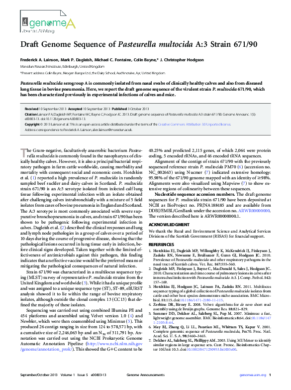 (PDF) Draft Genome Sequence of a Pasteurella multocida Strain Isolated from a Spotted Deer (Axis ...