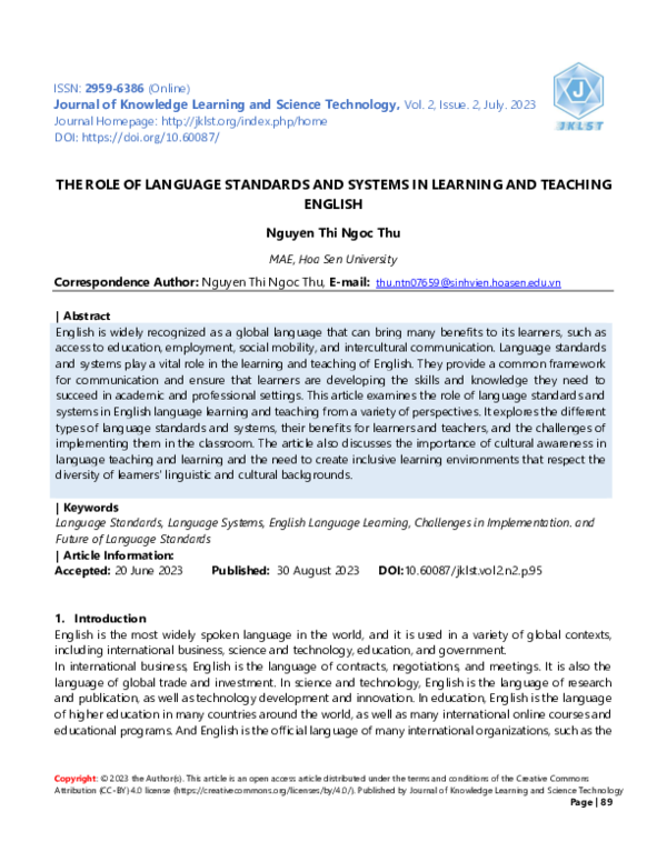 (PDF) The Role of Language Standards and Systems in Learning and ...