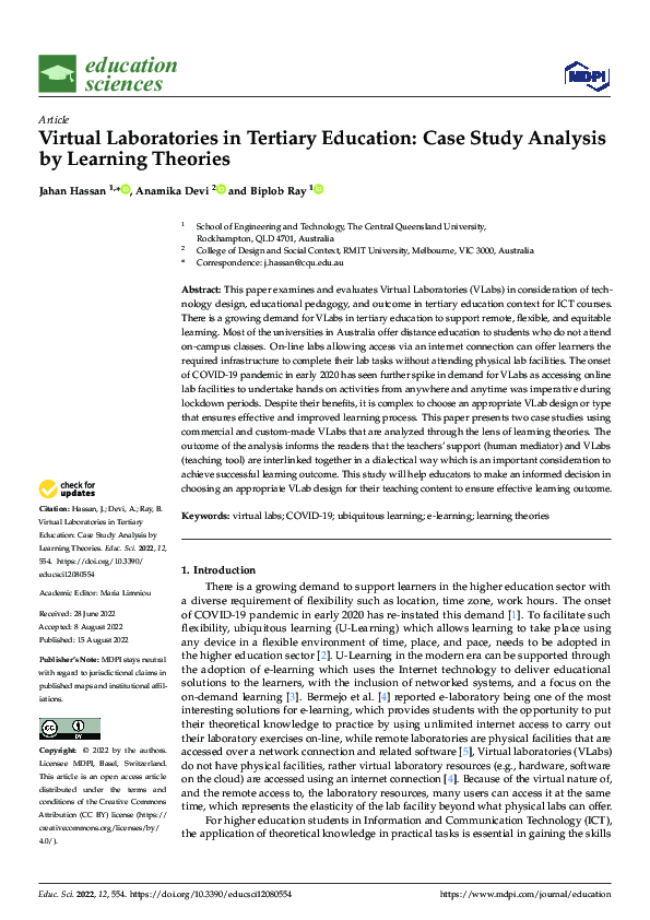 (PDF) Virtual Laboratories in Tertiary Education: Case Study Analysis by Learning Theories
