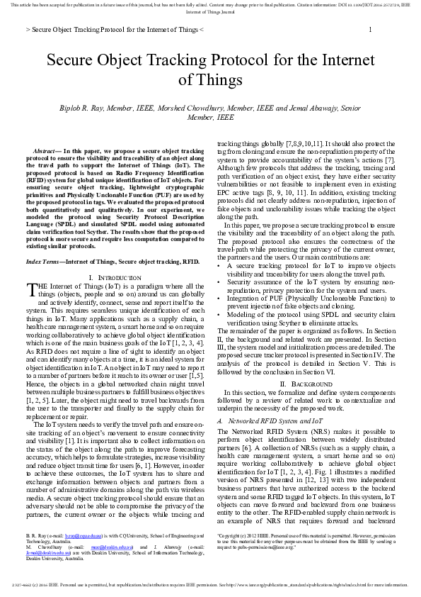 (PDF) Secure Object Tracking Protocol for the Internet of Things