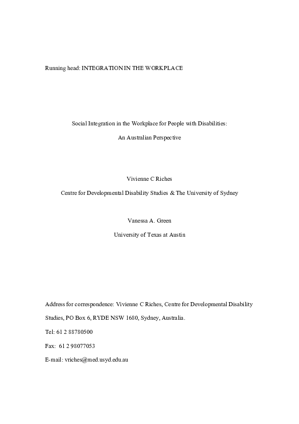 (DOC) Running head: INTEGRATION IN THE WORKPLACE Social Integration in ...