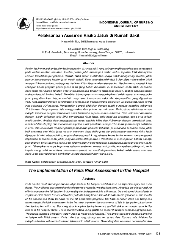 (PDF) Pelaksanaan Asesmen Risiko Jatuh di Rumah Sakit
