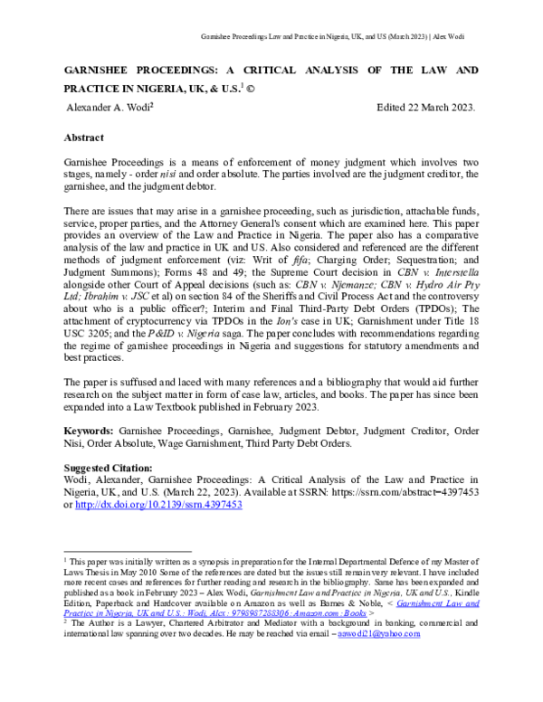 (PDF) Garnishee Proceedings: A Critical Analysis of the Practice and ...