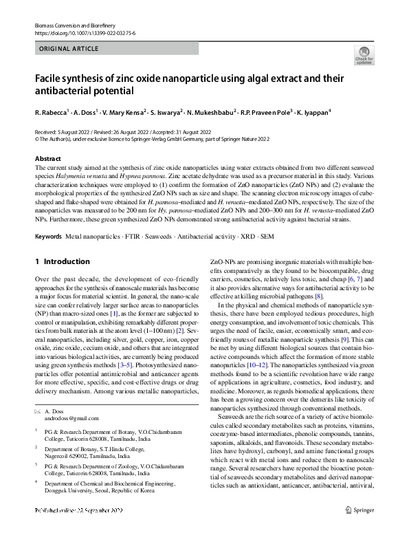 (PDF) Facile synthesis of zinc oxide nanoparticle using algal extract and their antibacterial ...