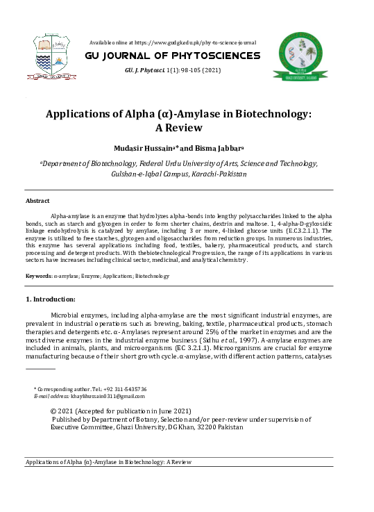 (PDF) Applications of Alpha (α)-Amylase in Biotechnology: A Review